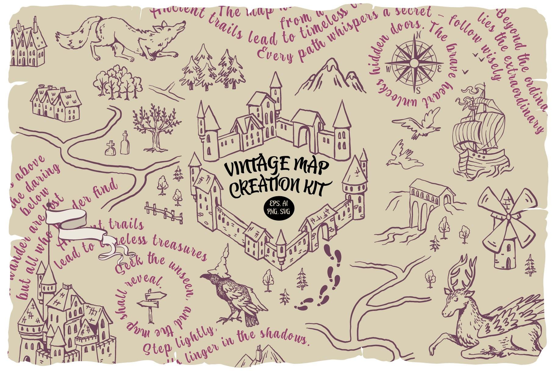 Vintage Hand Drawn Map Creator Kit, Fantasy Clipart (digital Download ...