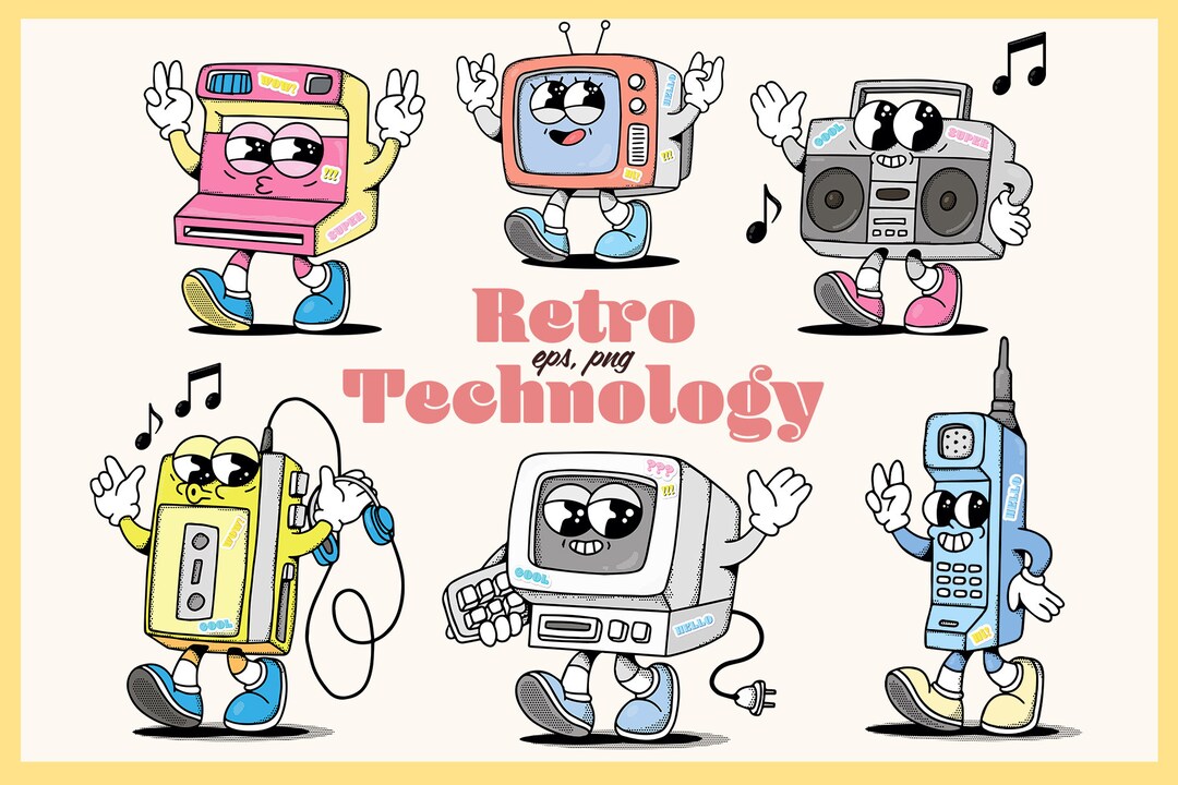 Set of Retro Mascot Characters Clipart Download, Vintage Computer ...