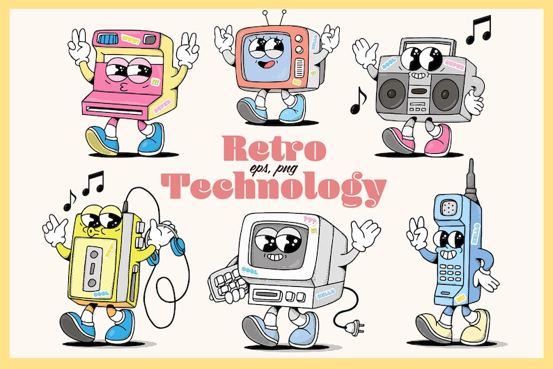 Set of Retro Mascot Characters Clipart Download, Vintage Computer ...