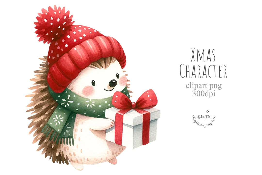 Cute Christmas Hedgehog Clipart Png Digital Download, Watercolor ...