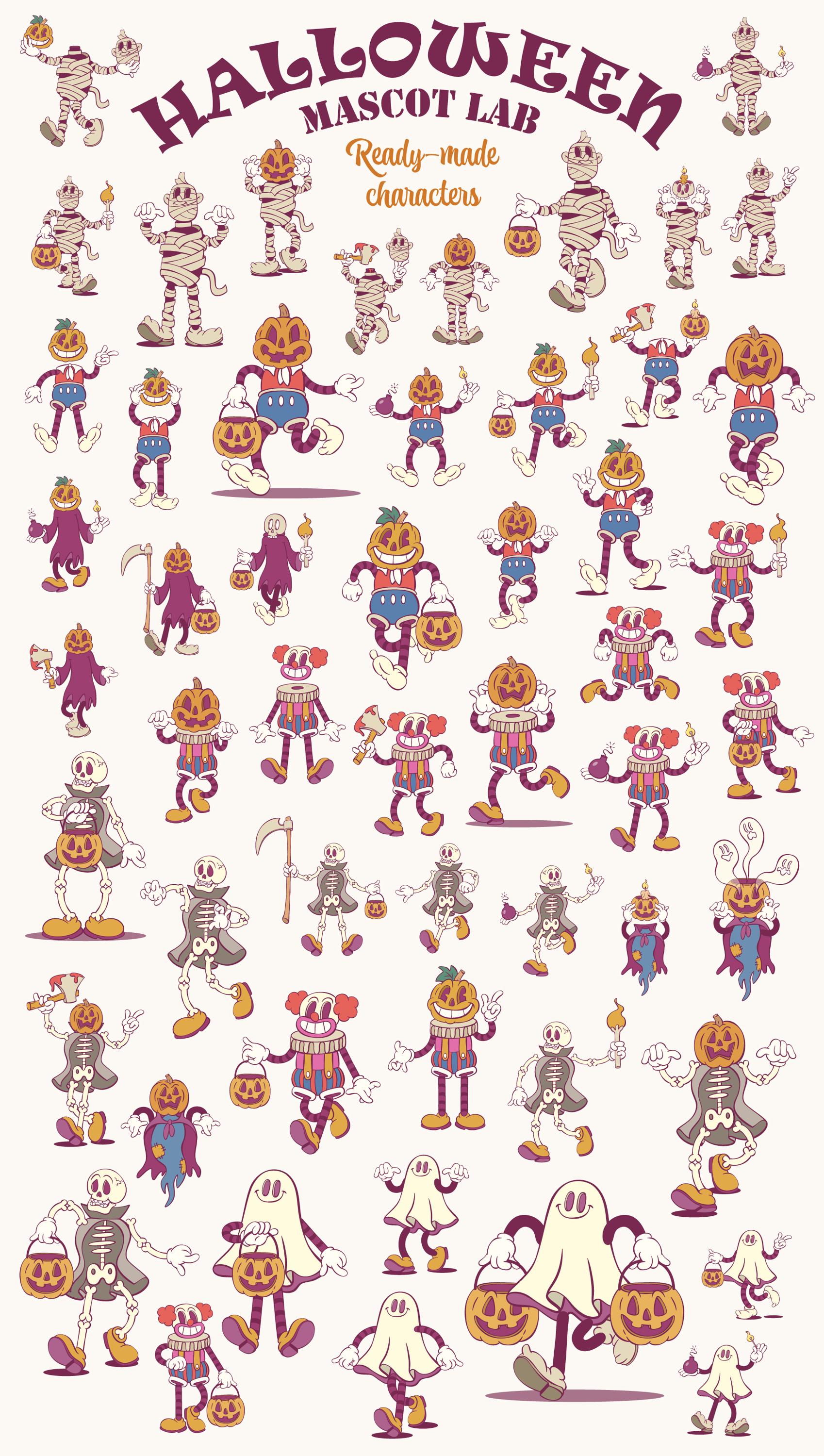 Retro Halloween Mascot Creator Kit, Groovy Vector Clipart (PNG, EPS, AI ...