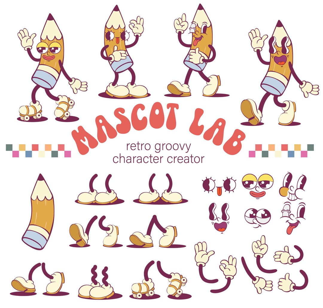 Retro Groovy Pencil Character Creation Kit, Mascot Parts, School ...