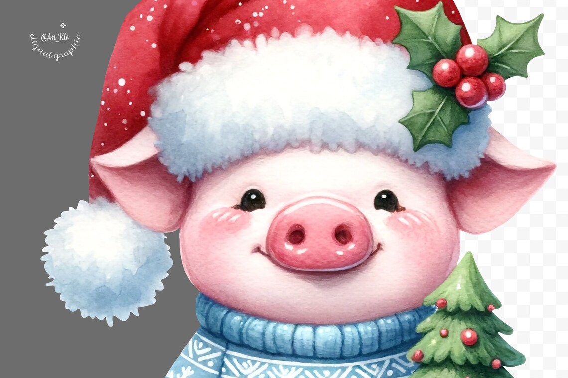 Cute Christmas Pig Clipart Png Digital Download, Rural Christmas, Farm ...