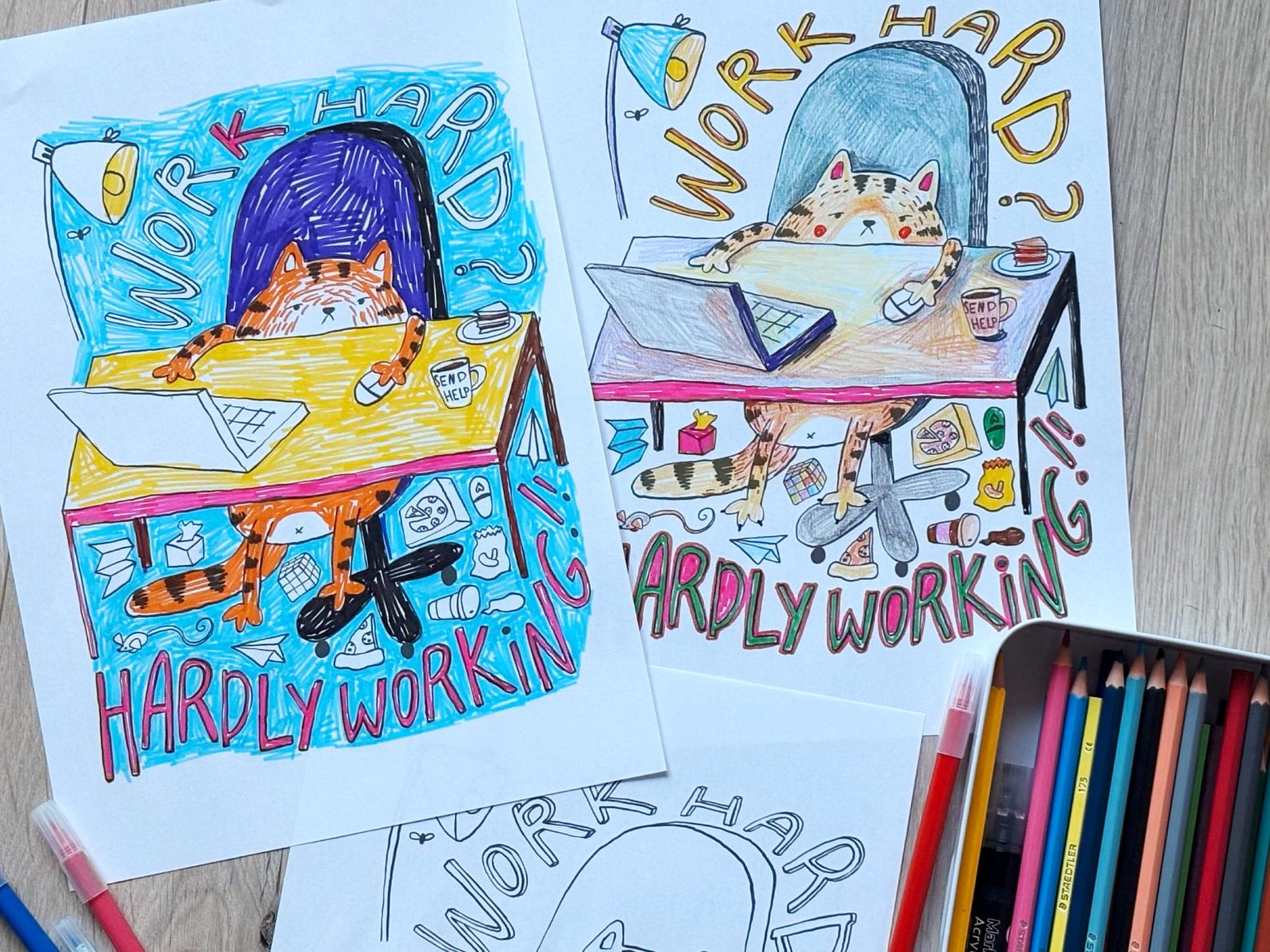 Funny Work Hard Hardly Working Art, Office Humor Doodle, Printable Wall ...