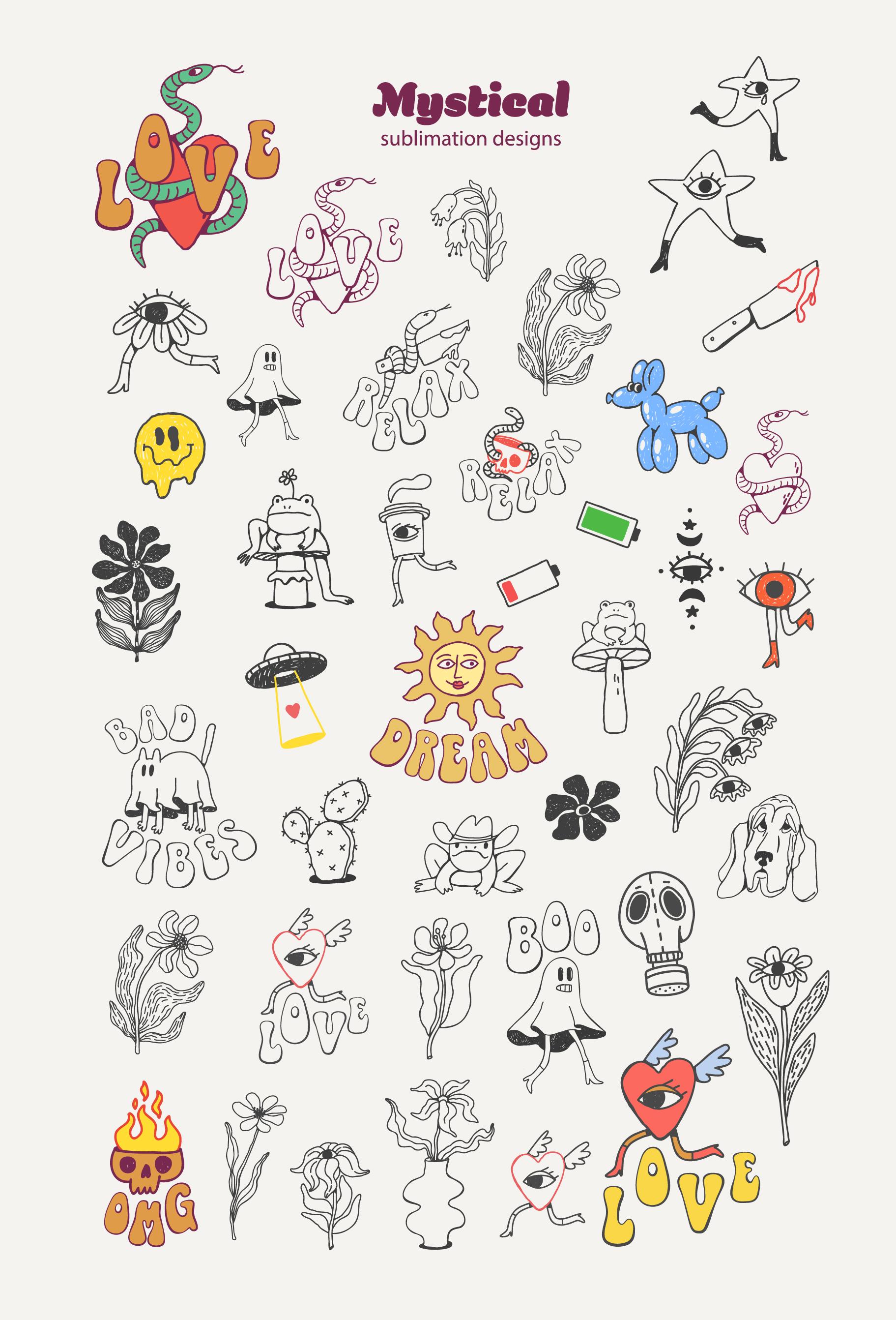 Psychedelic Tattoo Flash Doodles, Retro Line Art Set (SVG, PNG, EPS) - Etsy