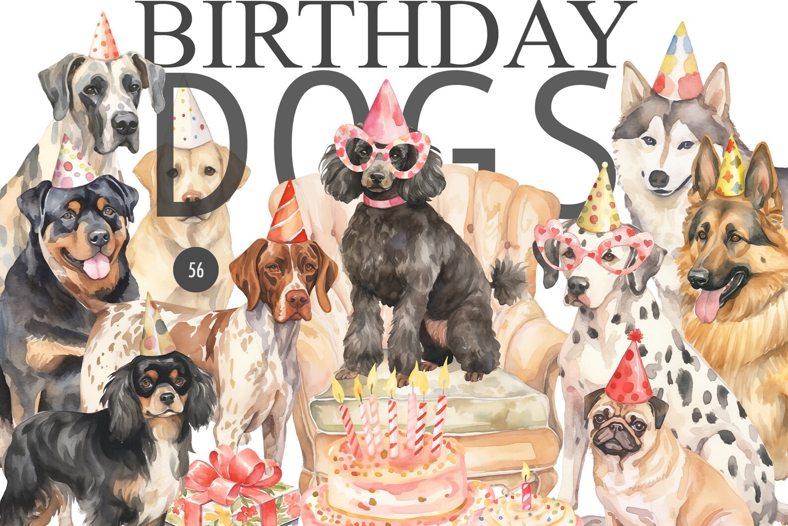 Birthday Dog Breeds Bundle, Watercolor Party Dogs Clipart Png Digital ...