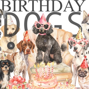 Birthday Dog Breeds Bundle, Watercolor Party Dogs Clipart Png Digital ...