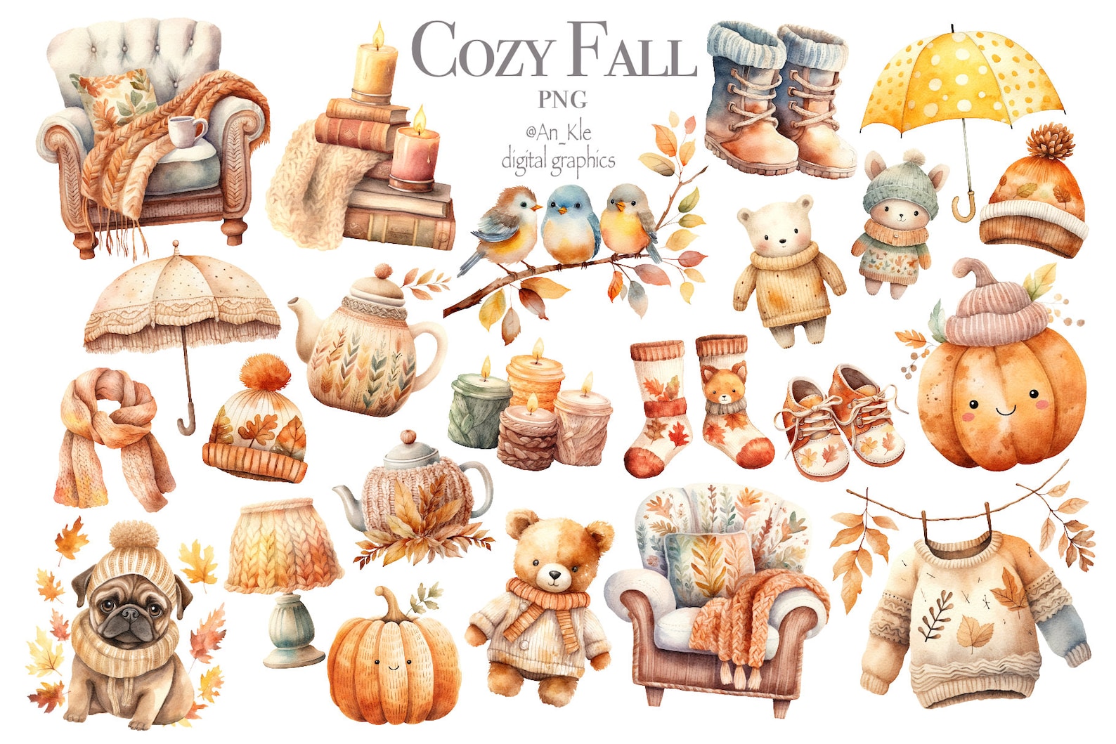Cozy Fall Clipart Png Digital Download, Watercolor Autumn Illustrations ...