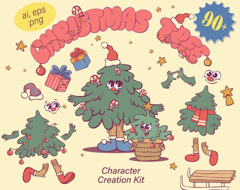 Christmas Tree Character Creation Kit, Retro Groovy Xmas Mascot ...