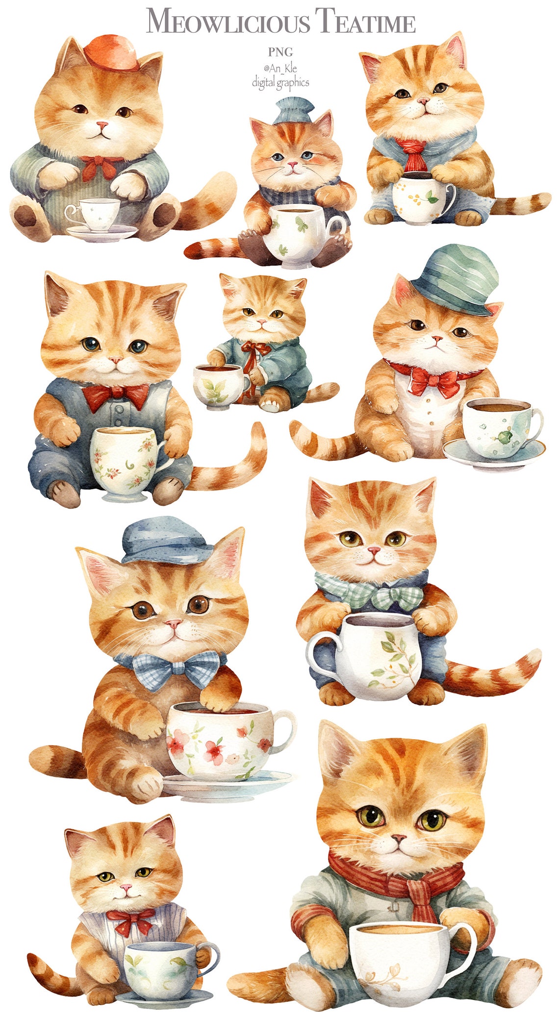 Cute Kittens With Teacups Teatime Clipart Whimsical Cats Etsy