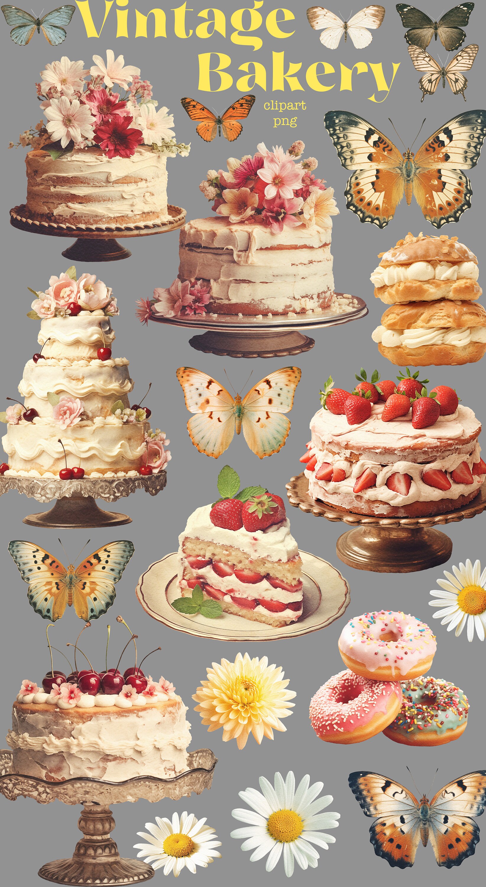 Vintage Bakery Collage Elements PNG Digital Download, Retro Poster, 60s ...