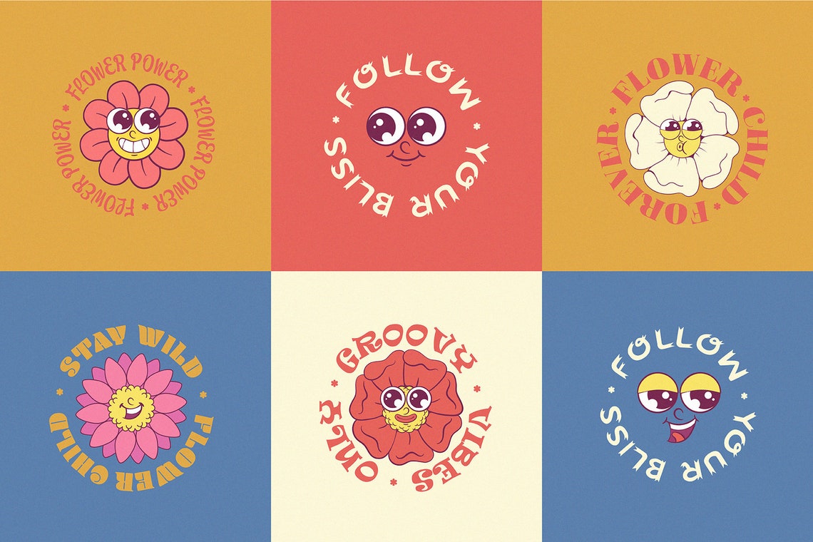 Flower Power Mascot Clipart Collection, Retro Groovy Mascot Creation ...