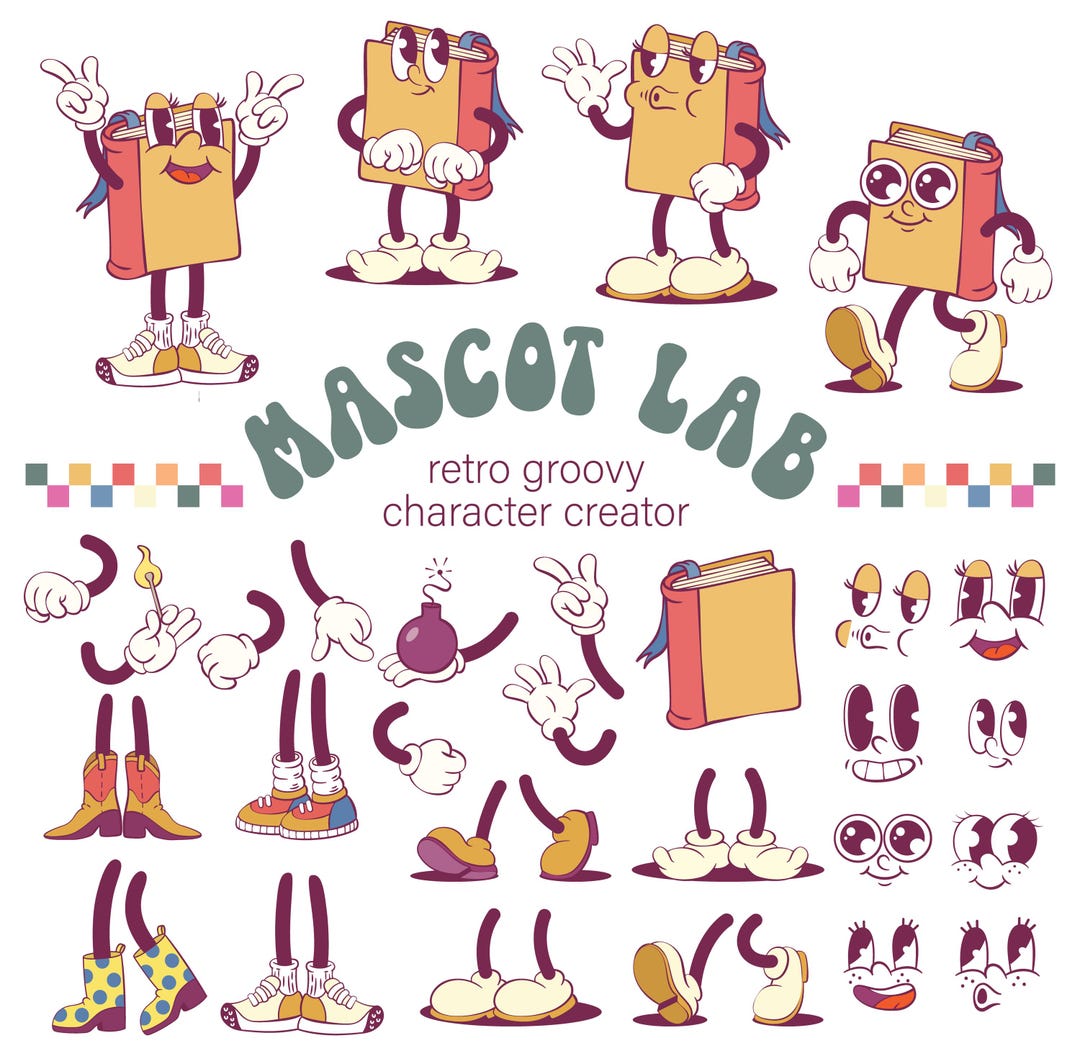Retro Book Mascot Creation Kit – Groovy Cartoon Character Parts (EPS ...