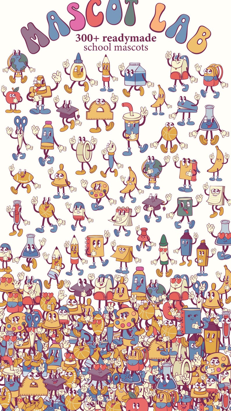 Back to School Mascot Creator, Retro Groovy School Items Clipart ...