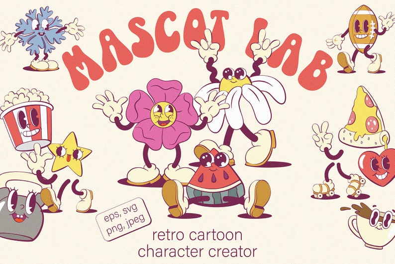 Mascot Creation Kit Bundle, Retro Groovy Mascot Characters Creator ...
