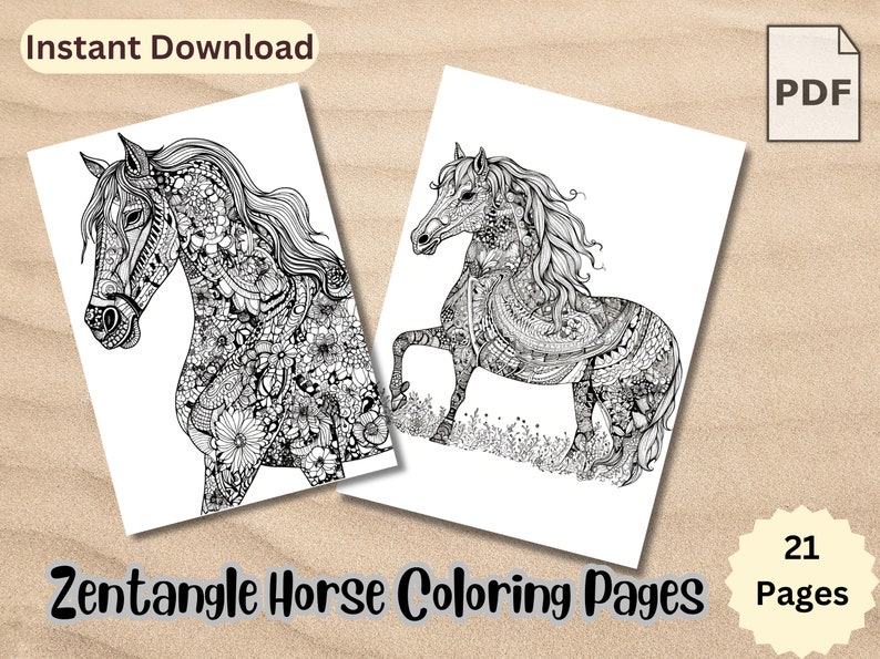 Zentangle Horse Coloring Pages, 21 PDF Instant Download Pages, Horse ...