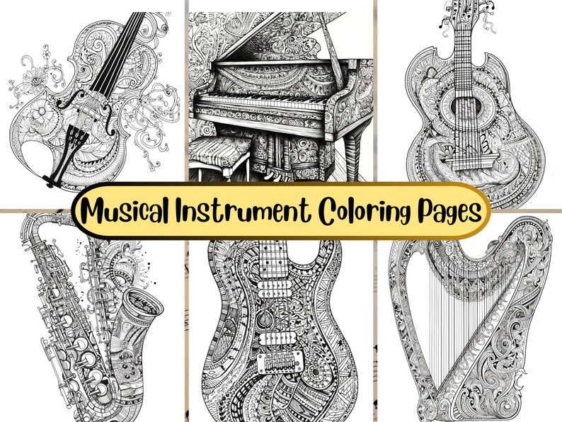 Musical Instrument Zentangle Coloring Pages, Instant Download, 73 PDF ...