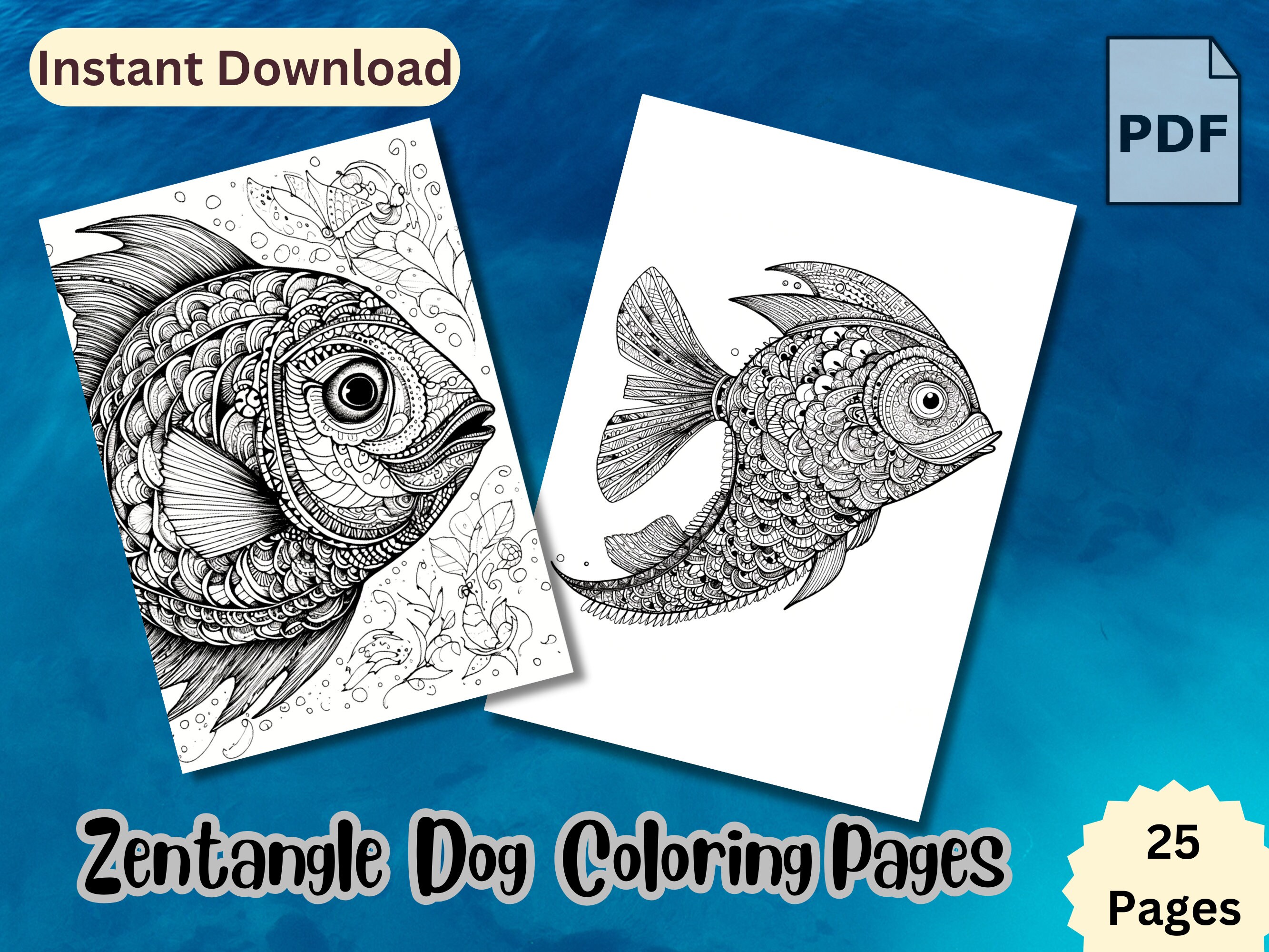 Zentangle Fish Coloring Pages, 25 PDF Printable Pages, Instant Digital ...