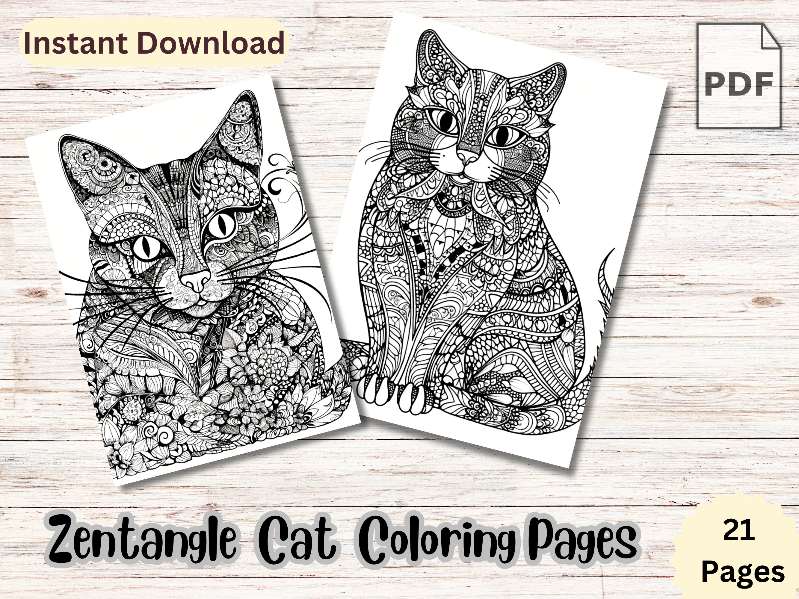 Zentangle Cat Coloring Pages, 21 PDF Unique Designs, Instant Download ...