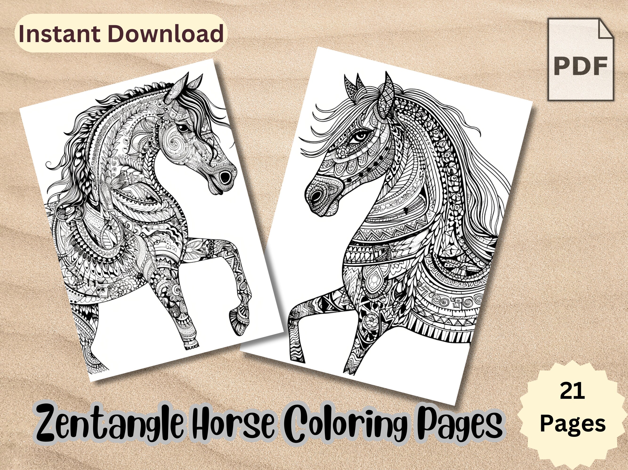 Zentangle Horse Coloring Pages, 21 PDF Instant Download Pages, Horse ...