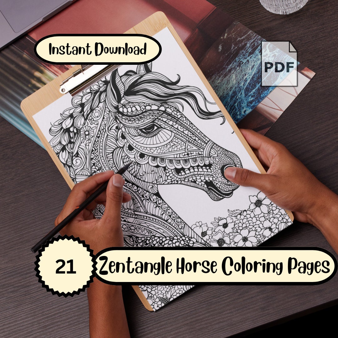 Zentangle Horse Coloring Pages, 21 PDF Instant Download Pages, Horse ...