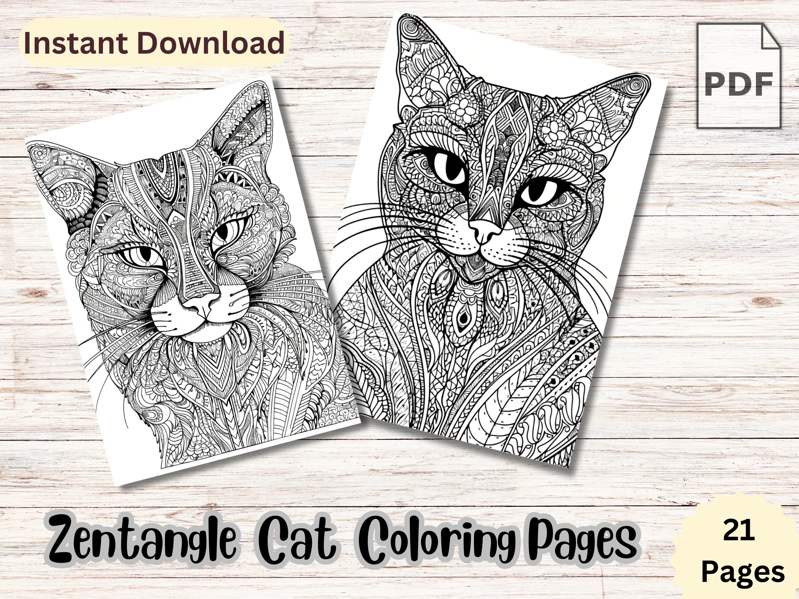Zentangle Cat Coloring Pages, 21 PDF Unique Designs, Instant Download ...