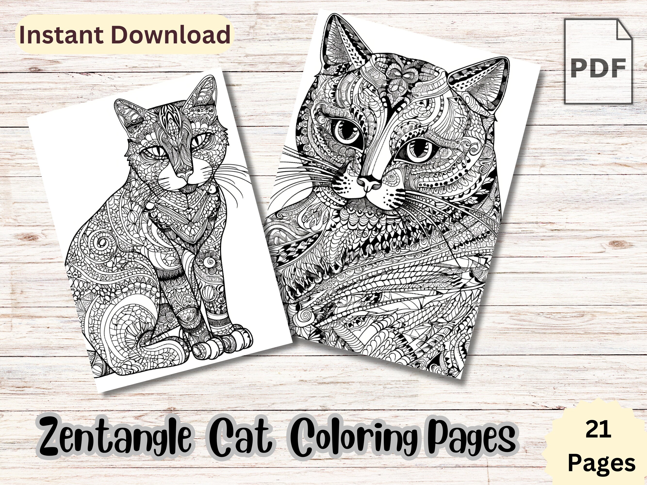 Zentangle Cat Coloring Pages, 21 PDF Unique Designs, Instant Download ...
