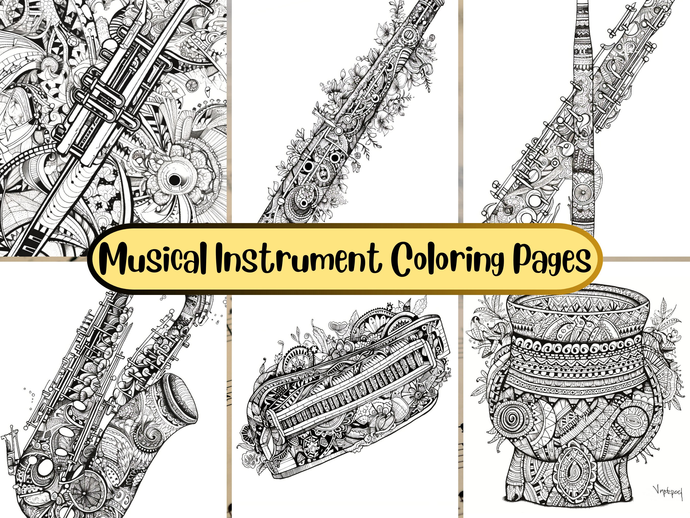 Musical Instrument Zentangle Coloring Pages, Instant Download, 73 PDF ...