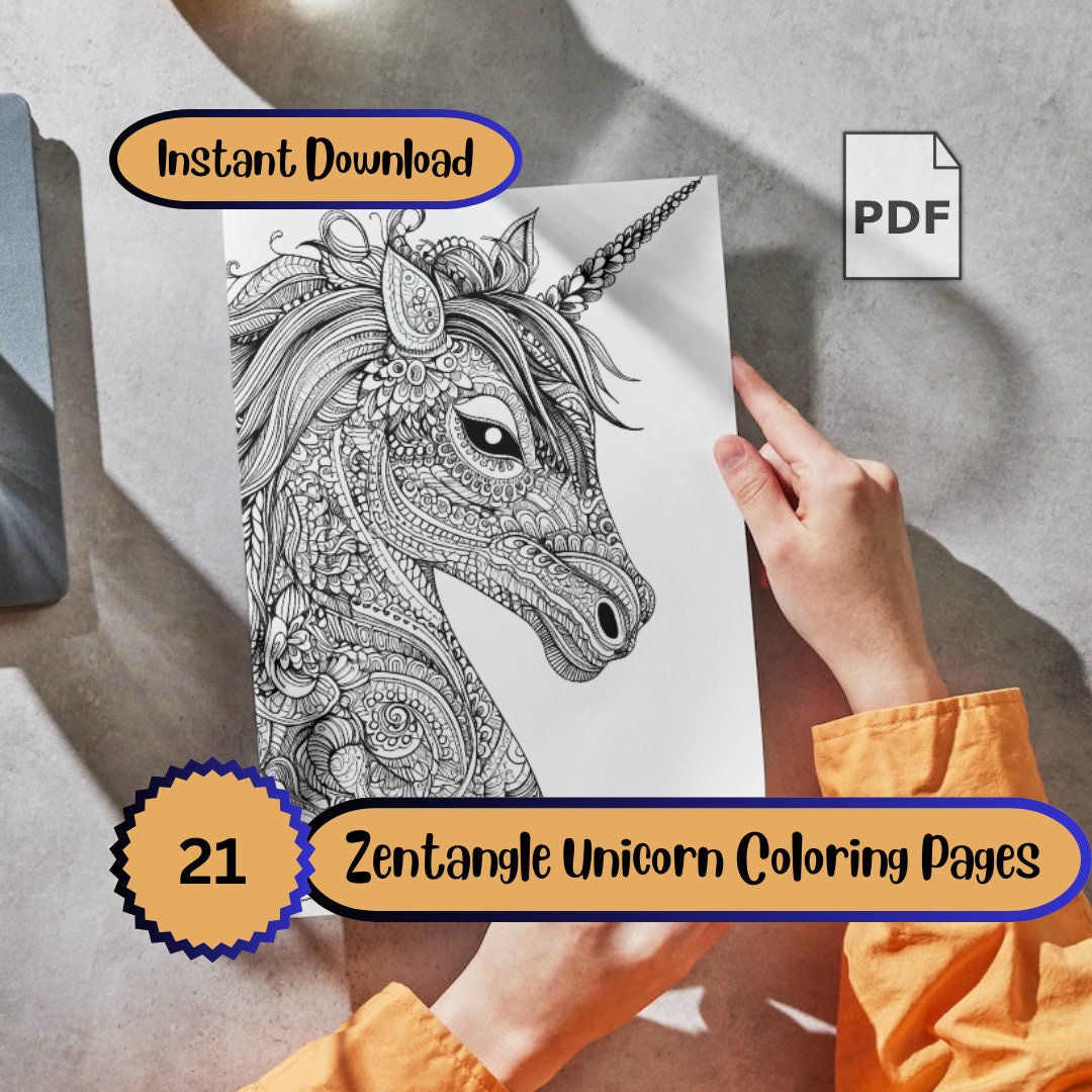 Zentangle Unicorn Coloring, 21 PDF Pages, Instant Download, Digital ...
