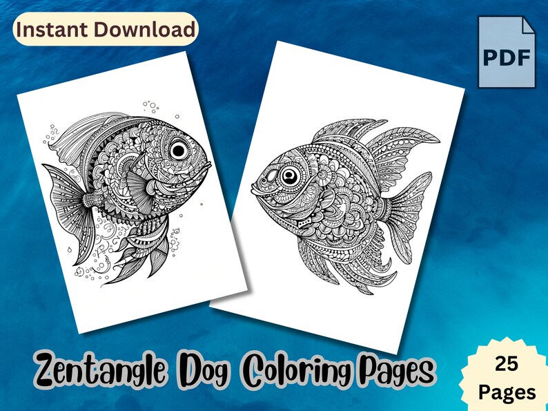 Zentangle Fish Coloring Pages, 25 PDF Printable Pages, Instant Digital ...