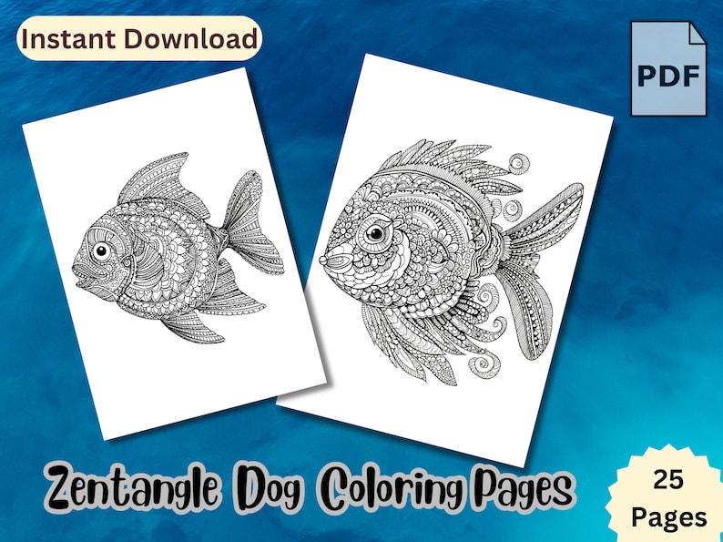 Zentangle Fish Coloring Pages, 25 PDF Printable Pages, Instant Digital ...