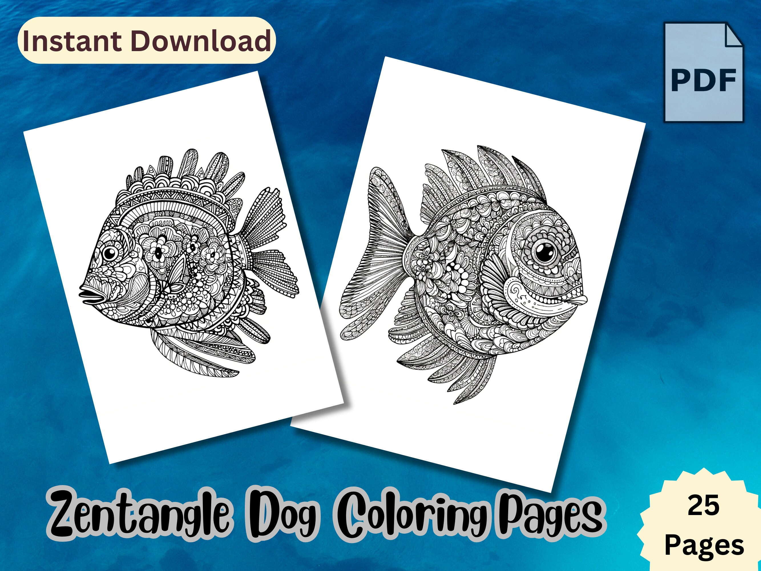 Zentangle Fish Coloring Pages, 25 PDF Printable Pages, Instant Digital ...