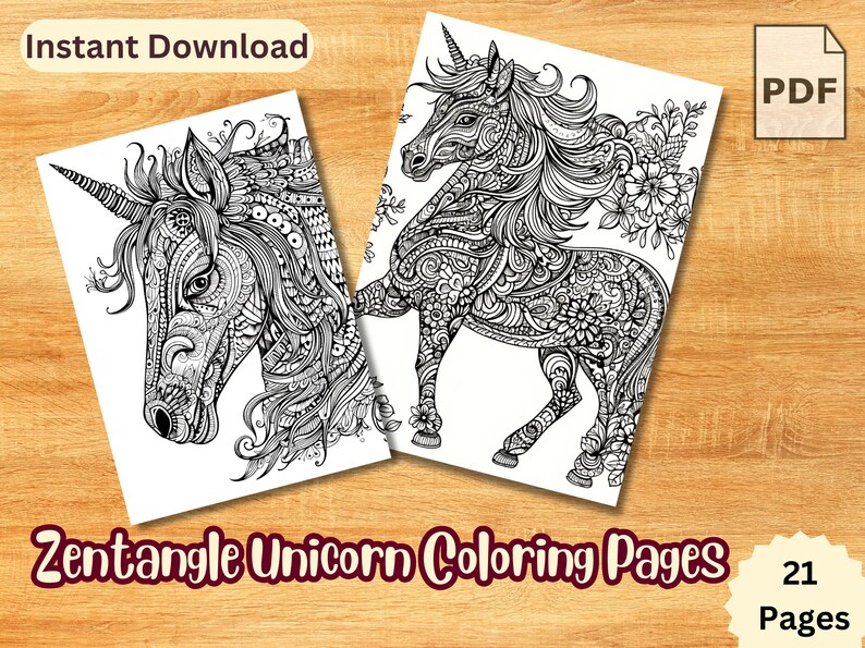 Zentangle Unicorn Coloring, 21 PDF Pages, Instant Download, Digital ...
