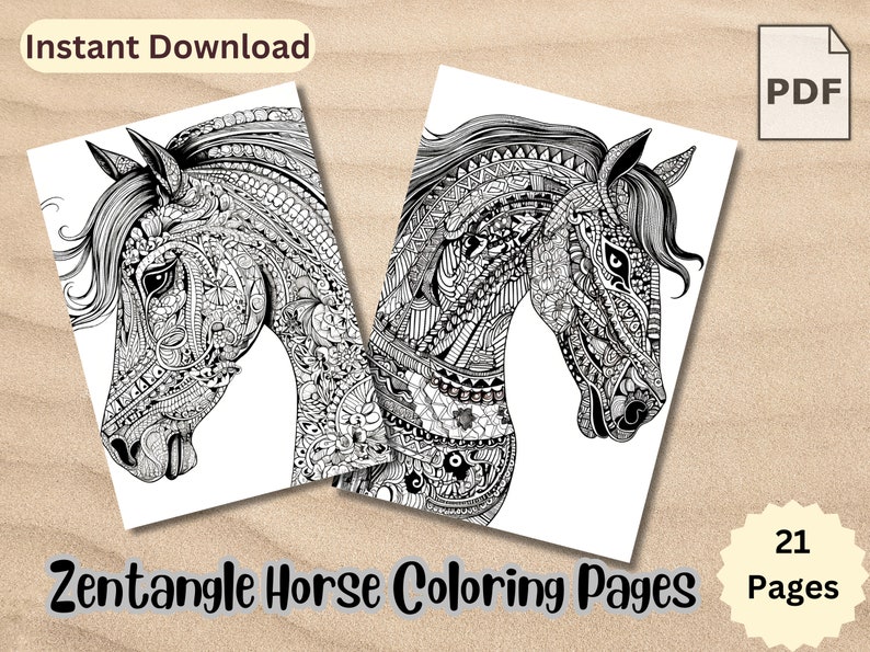 Zentangle Horse Coloring Pages, 21 PDF Instant Download Pages, Horse ...