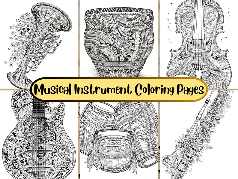 Musical Instrument Zentangle Coloring Pages, Instant Download, 73 PDF ...