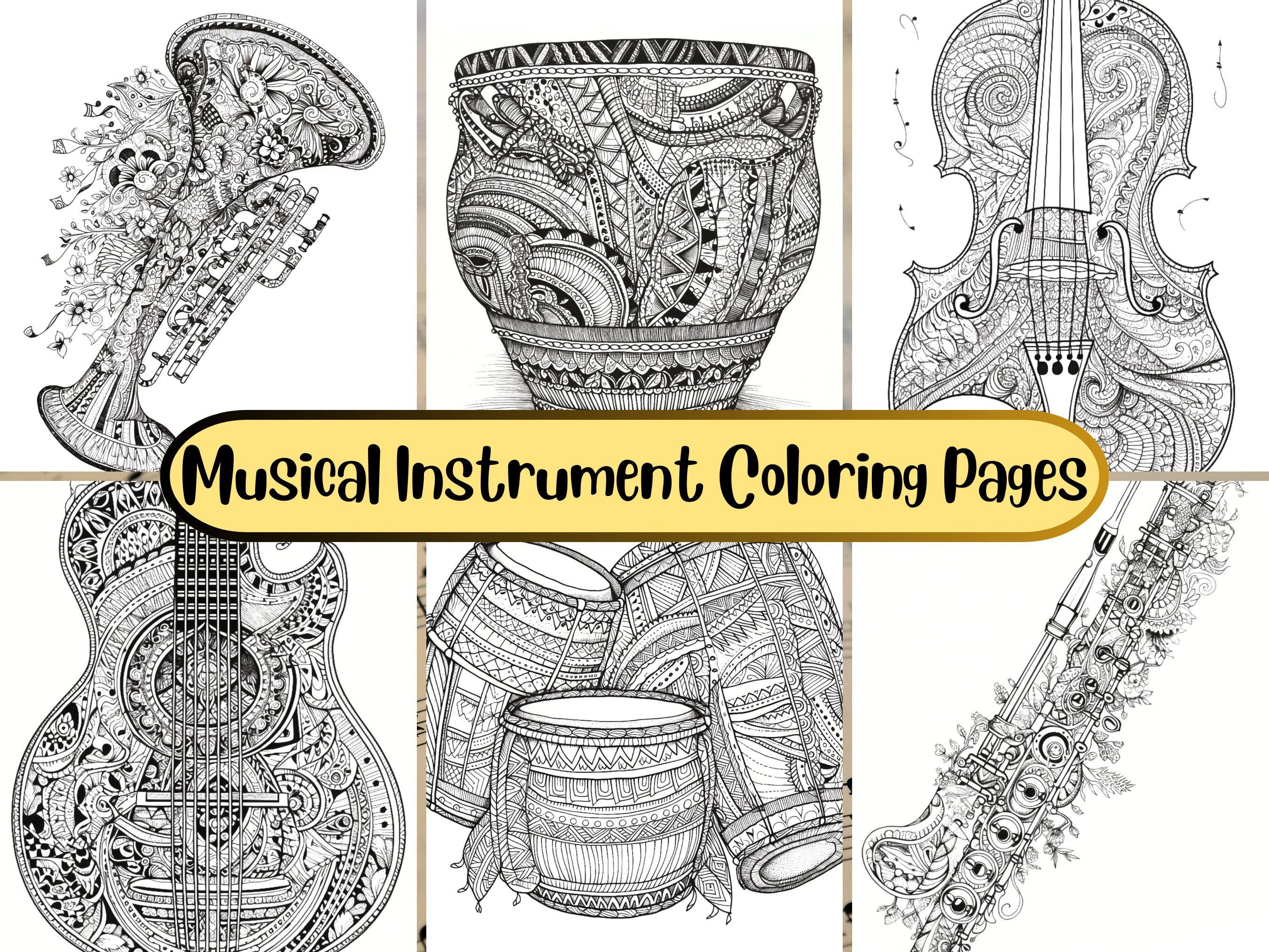 Musical Instrument Zentangle Coloring Pages, Instant Download, 73 PDF ...
