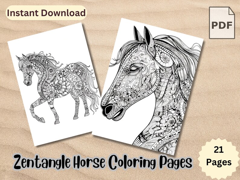 Zentangle Horse Coloring Pages, 21 PDF Instant Download Pages, Horse ...