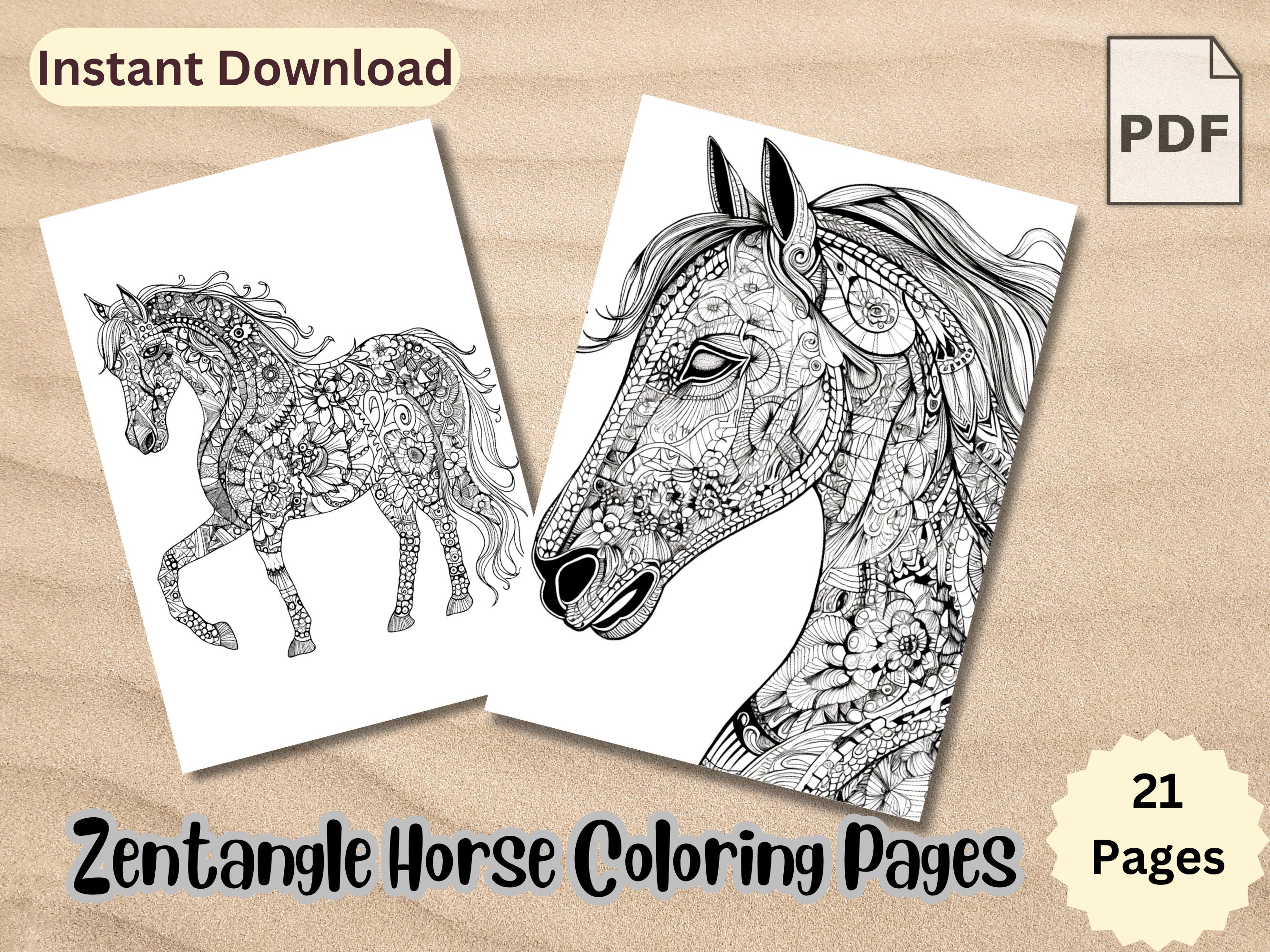 Zentangle Horse Coloring Pages, 21 PDF Instant Download Pages, Horse ...
