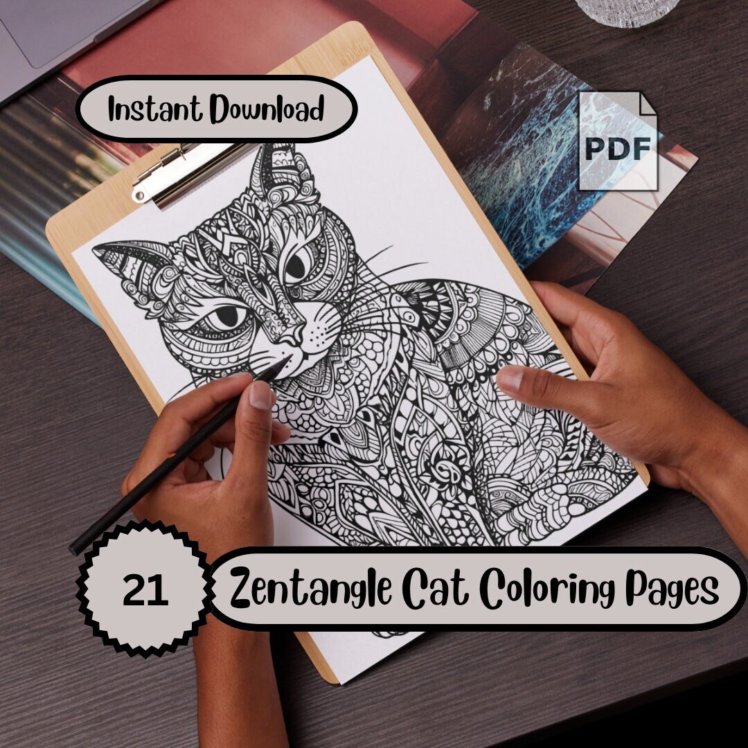 Zentangle Cat Coloring Pages, 21 PDF Unique Designs, Instant Download ...