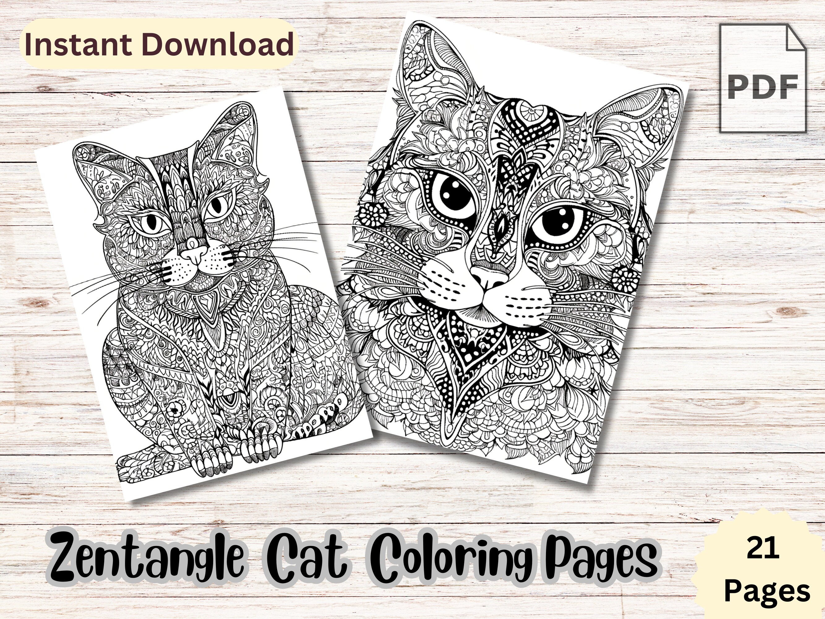 Zentangle Cat Coloring Pages, 21 PDF Unique Designs, Instant Download ...
