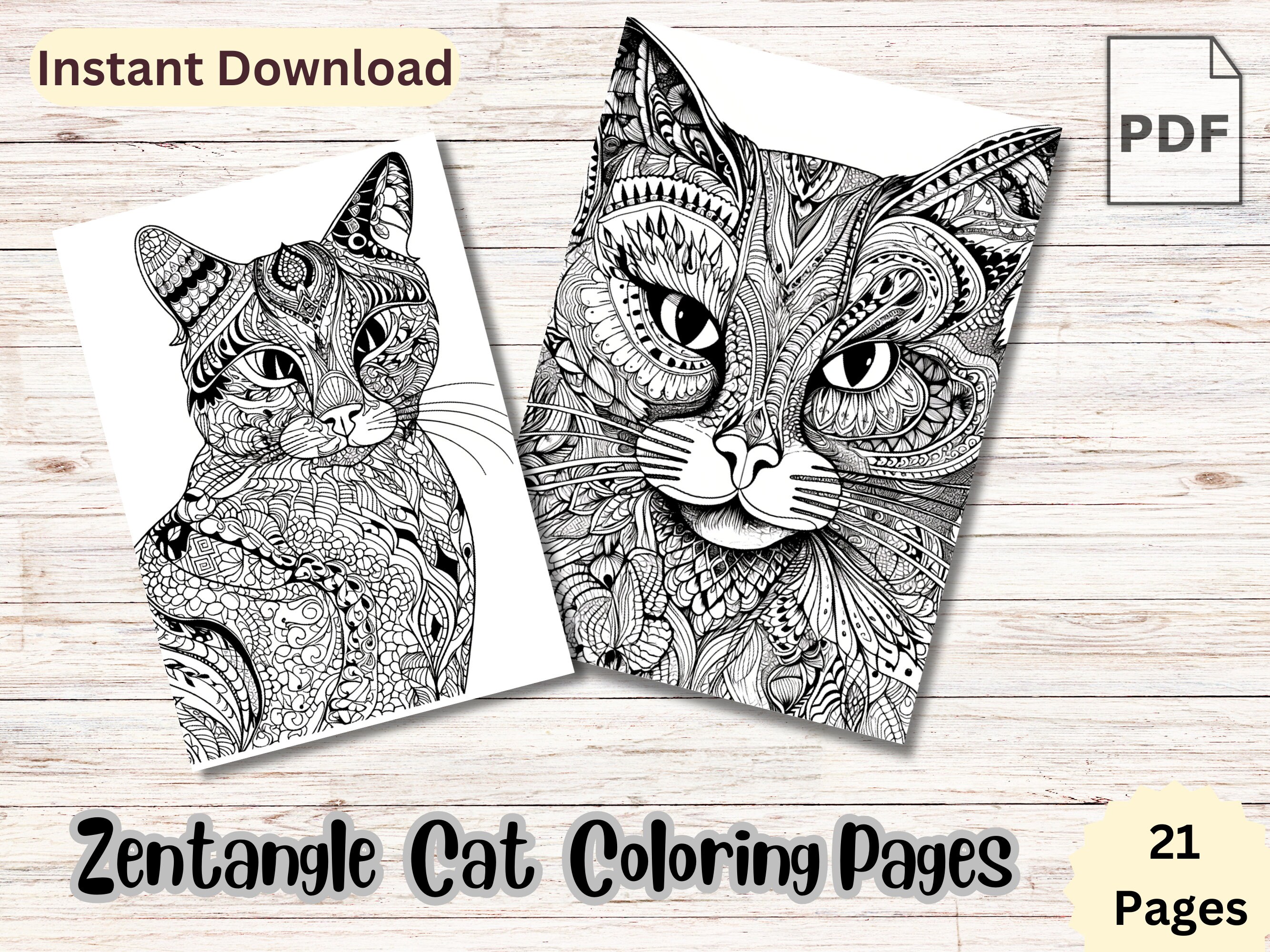 Zentangle Cat Coloring Pages, 21 PDF Unique Designs, Instant Download ...