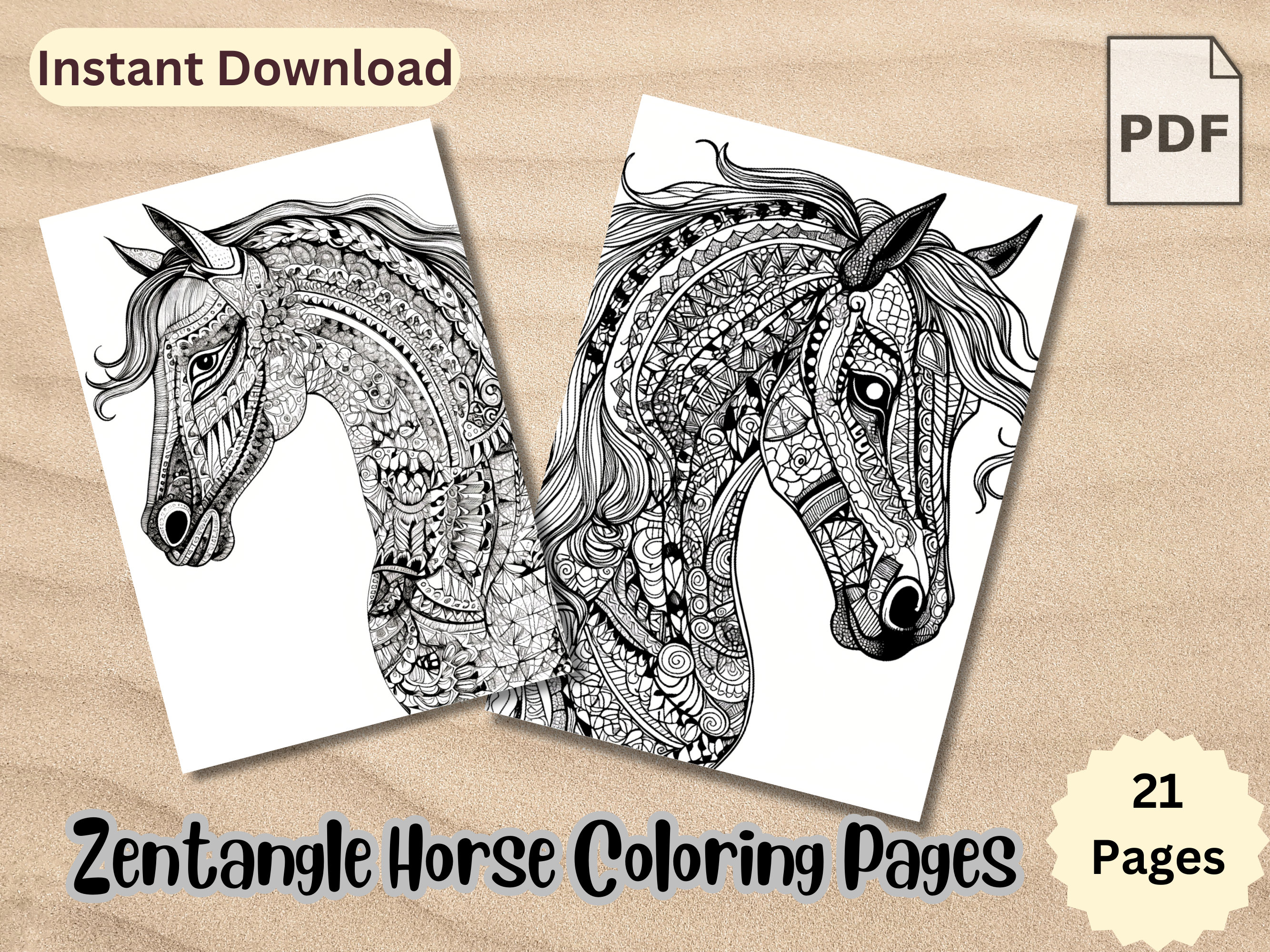 Zentangle Horse Coloring Pages, 21 PDF Instant Download Pages, Horse ...