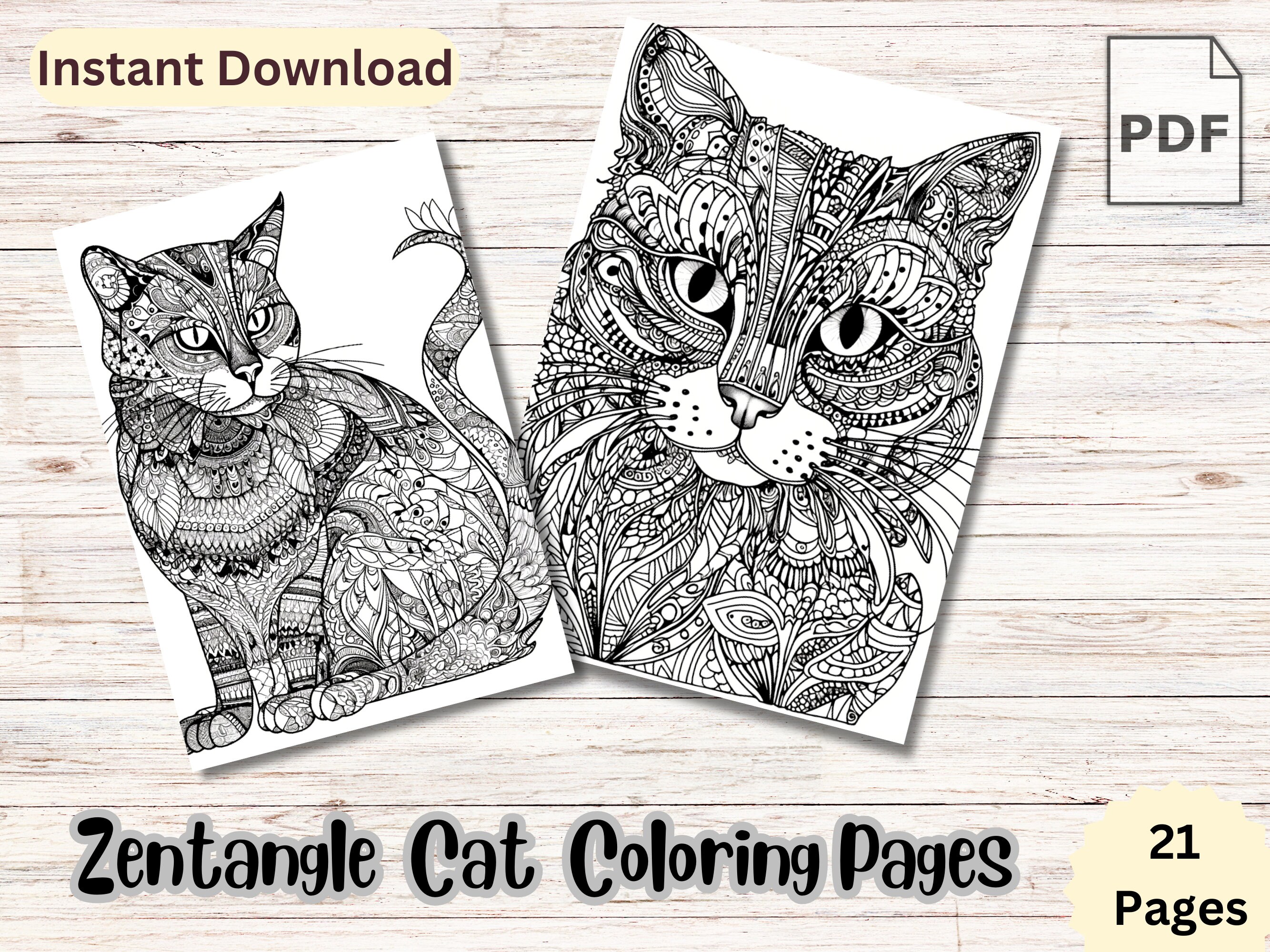 Zentangle Cat Coloring Pages, 21 PDF Unique Designs, Instant Download ...