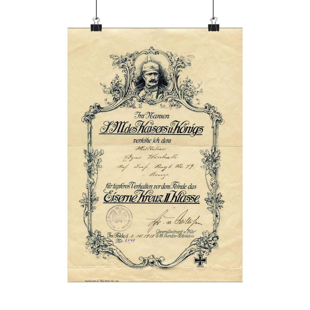 WWI Iron Cross Award Certificate Poster: Kaiser Wilhelm II, Vintage ...