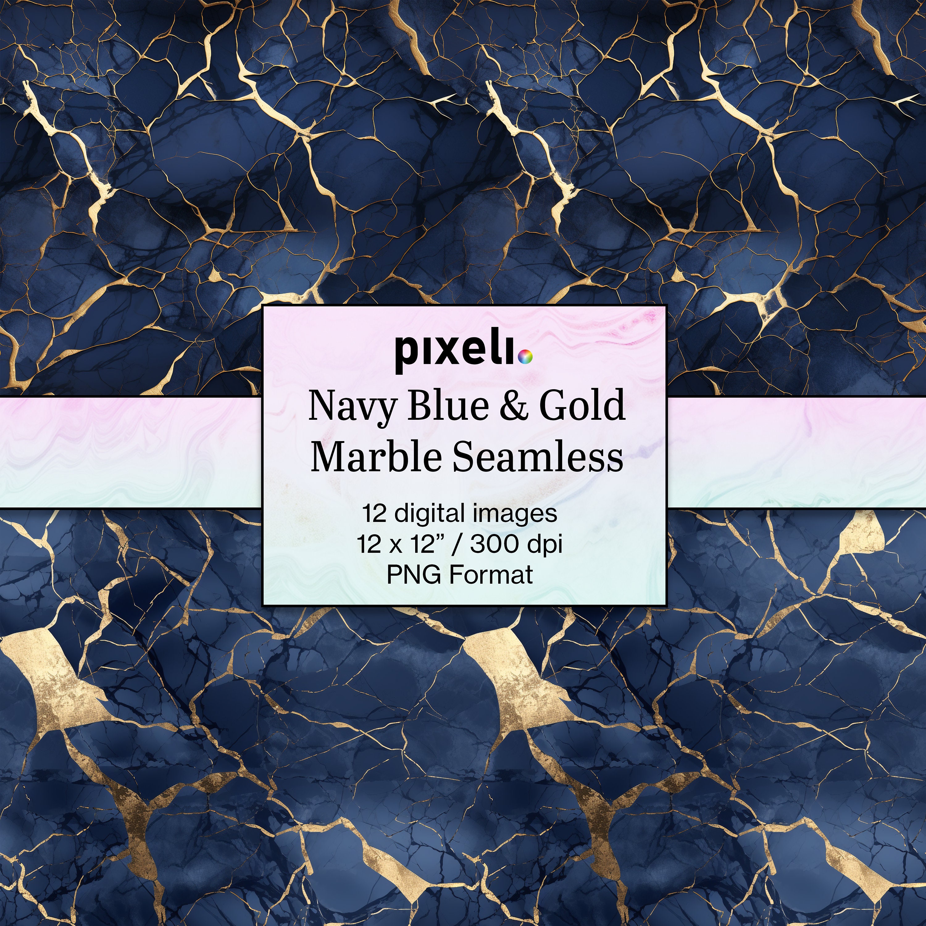 Navy Blue & Gold Marble - 12 Seamless Patterns Digital Paper Commercial ...
