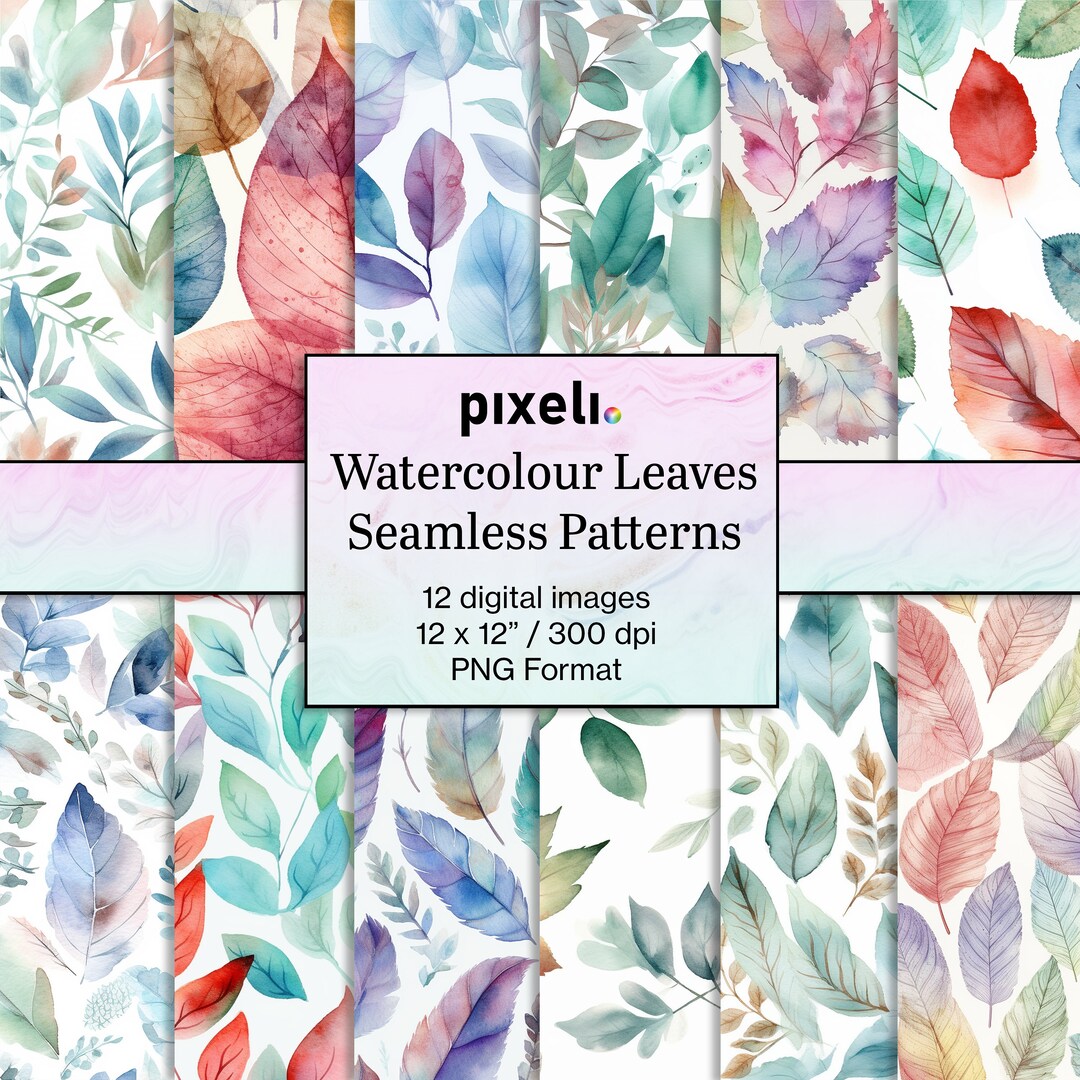 Watercolour Leaves - 12 Seamless Patterns Commercial Use Seamless ...