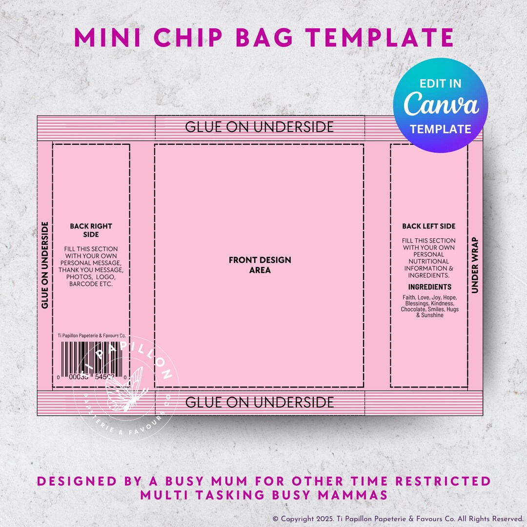 Mini Chip Bag Template, Editable Template on Canva, Custom Mini Chip Bag, Chip Bag Editable ...