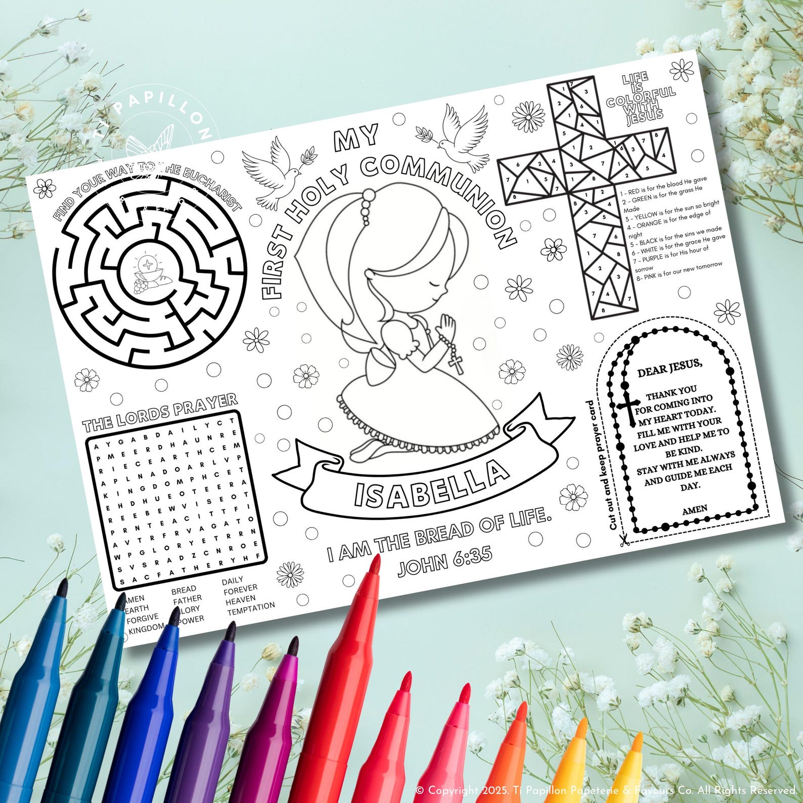 First Holy Communion Activity Sheet for Girls, Editable Name, Catholic ...