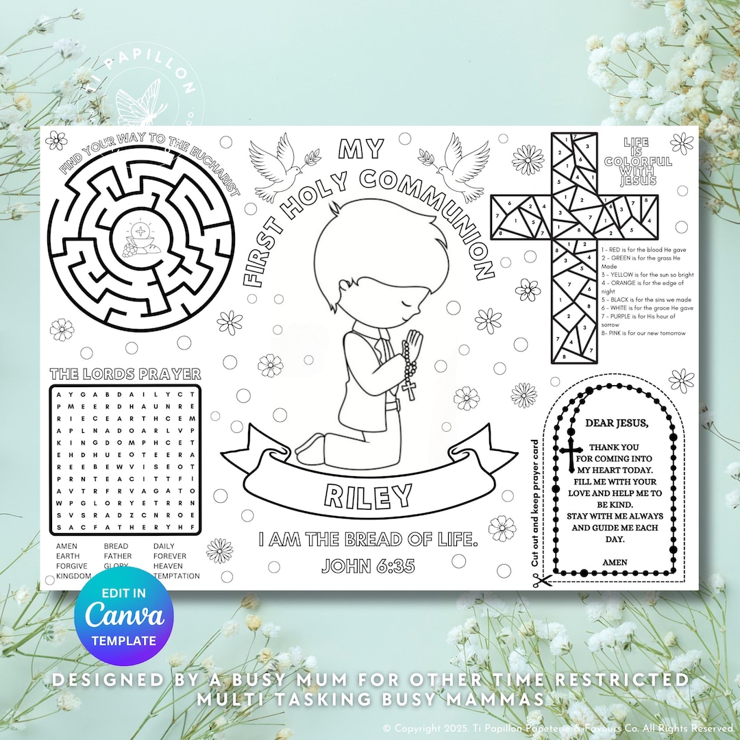 First Holy Communion Activity Sheet for Boys, Editable Name, Catholic ...