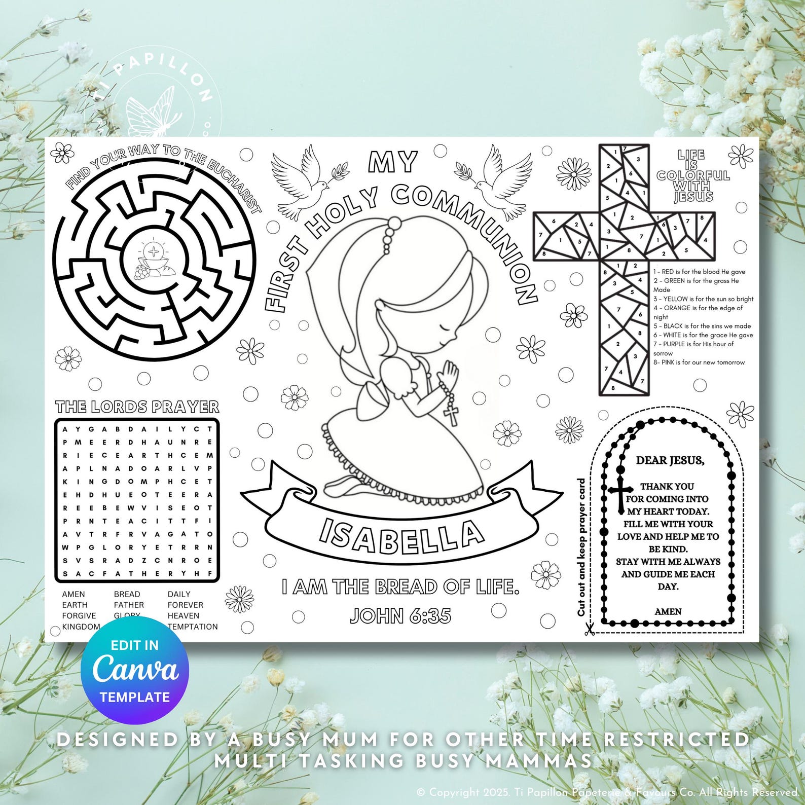 First Holy Communion Activity Sheet for Girls, Editable Name, Catholic ...